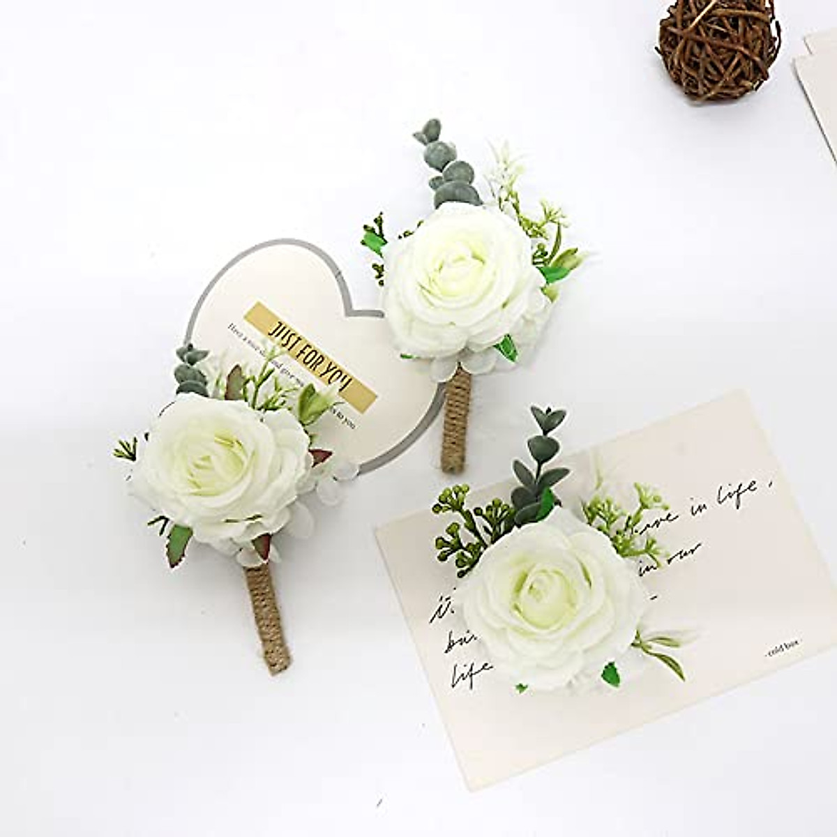 White Ivory Wrist Corsage and Boutonniere Set Bride Bridesmaid Hand Flower Corsage Wristlet Men Boutonniere for Wedding Party Prom Decorations