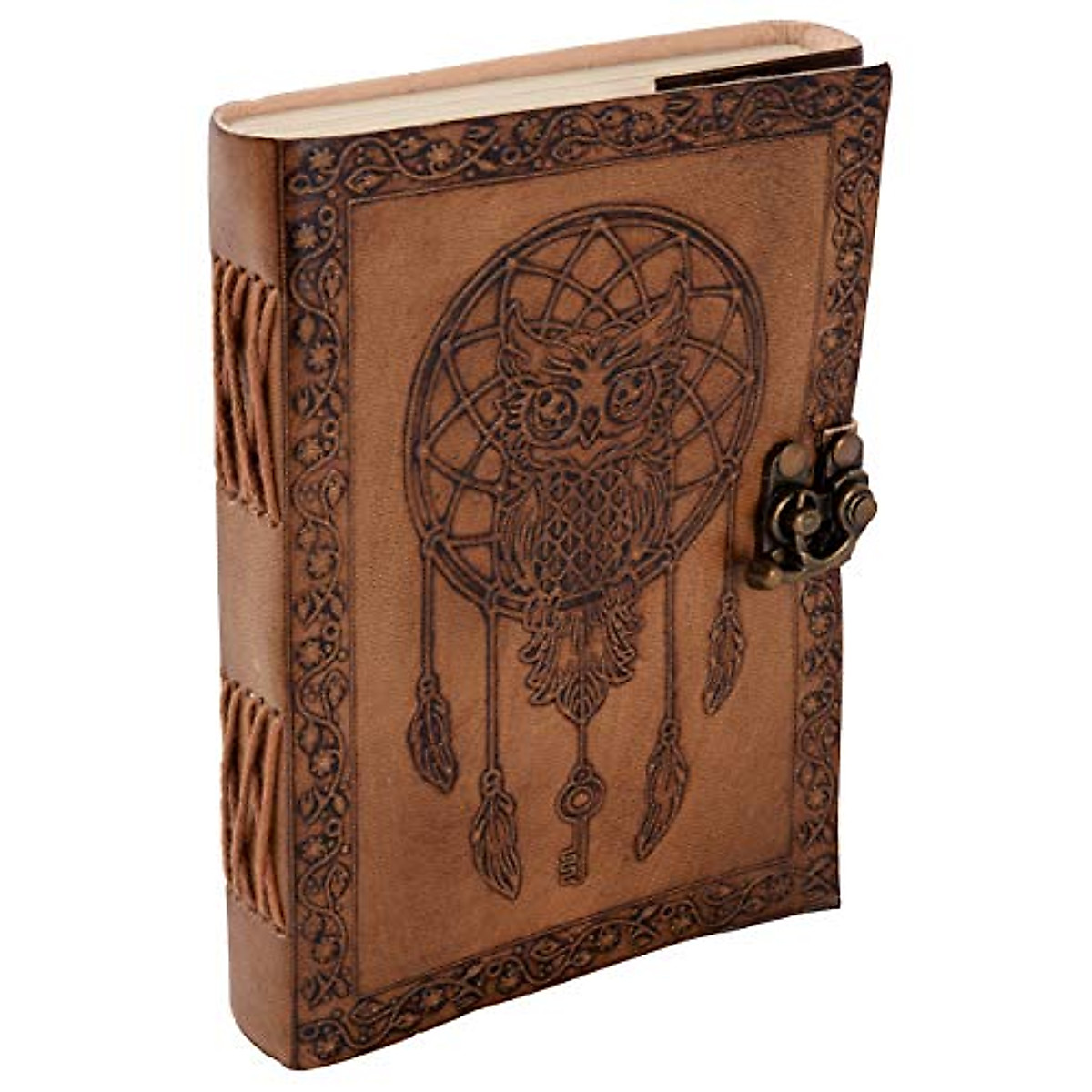 Leather Journal 7 x 5 Inch 220 Page Journal, Vintage Owl Embossed Blank Book, Sketchbook, Notebook Leather Journal (Handmade Unlined Paper) - Pocket style with Lock Closure for Men and Women (Vintage Tan - Plain Paper) (7 x 5 Inch, TC Leather)