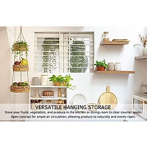 Hanging Fruit Basket 3 Tier for Kitchen, Handmade Natural Rattan Handwoven Wicker Seagrass Woven Wall Baskets Vegetable Organizer Produce Fruit Holder Counter Space Saver Storage Boho Hanging Planter