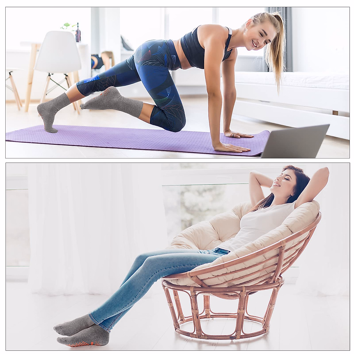 Aaronano Non Slip Grippy Sock-Non Skid Crew Socks for Elderly Yoga Hospital Socks Men Women 5 light Gray M