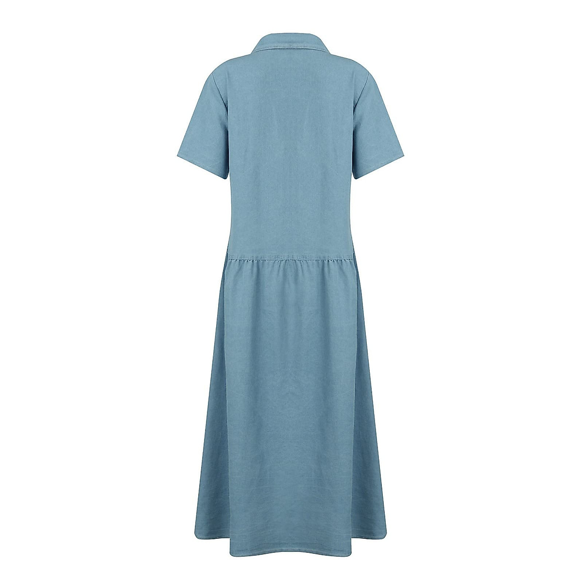 Summer Short Sleeve Sundress Lady Elegant Birthday Midi Baggy Denim Solid Button Lightweight V Neck Dress Women's Blue