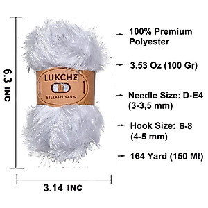 Lukche Eyelash Fun Fur Yarn Premium 100% Polyester 164 Yds (150 Mt), 3.53 Oz (100 Gr) Colorful Crochet Yarn Dıy Hand Knitting. (Optical White, 1 Skein)