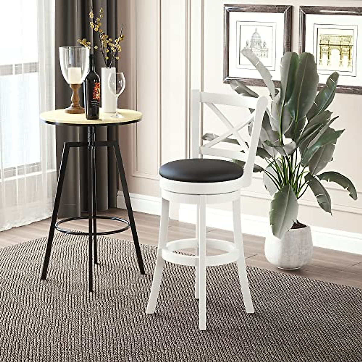 HOMCOM Traditional Bar Height Bar Stool, 31 Inch Seat Height Barstool, Swivel PU Leather Upholstered Chair, with Cross Back and Rubberwood Frame, Set of 2, Cream White