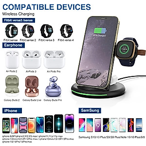 KOJACMUR 3 in 1 Charger for Fitbit Sense/Sense 2/Fitbit Versa 3/Versa 4,Wireless Charging Station Compatible for iPhone 13/14 Pro Max/12/11/8, for Samsung Galaxy S22+ S22, for AirPods Pro/3（Black）