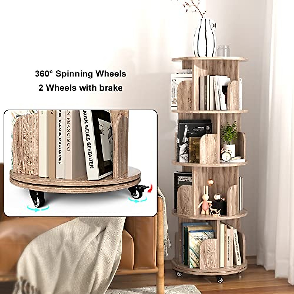 Nidouillet Rotating Bookshelf, 4 Tier Revolving Bookcase with Brake Wheels 360° Display Round Bookshelf Narrow Swivel Corner Book Shelf Standing Bookcase Adult Bedroom, Living Room - Oak Grey