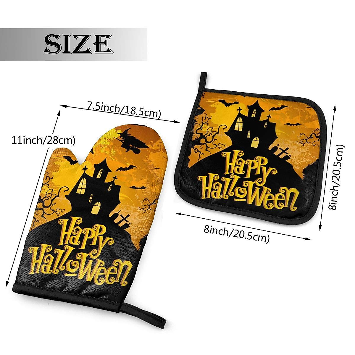 Halloween Funny Oven Mitts and Pot Holders Sets Heat Resistant Oven Gloves with Non-Slip Surface for Reusable for Baking BBQ Cooking