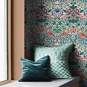 JiffDiff Vintage Wallpaper Peel and Stick Watercolor Floral Botanical Morris Wallpaper Strawberry Thief Easy Peel Off Wallpaper for Bedroom Mural Wall Decor Self-Adhesive 17.7in x 9.8ft