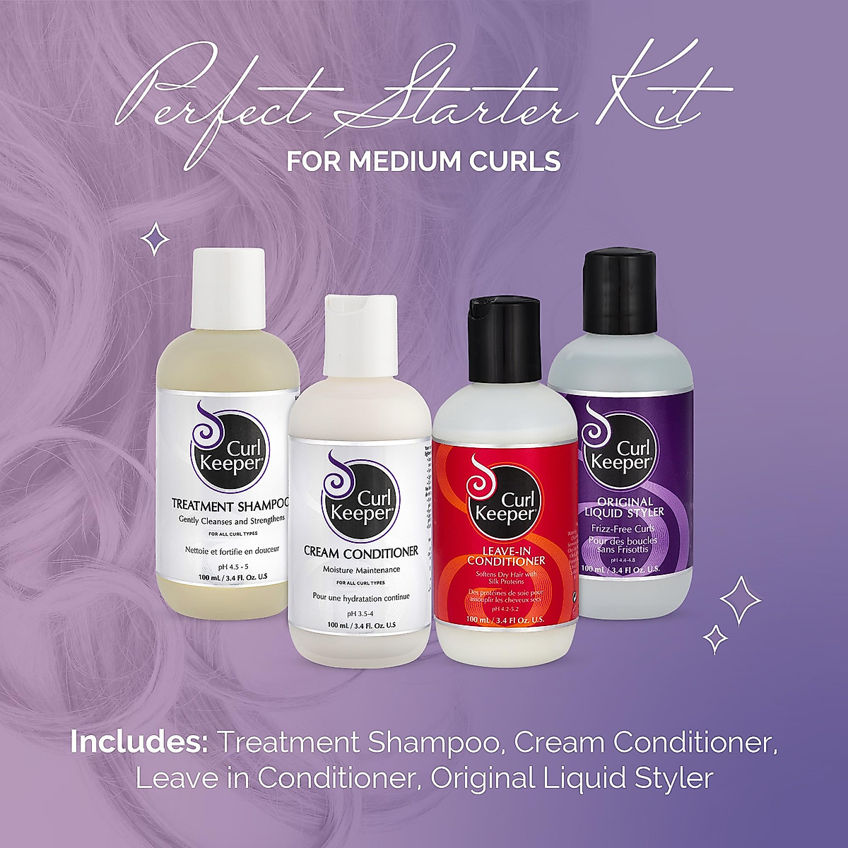 Curl Keeper Medium Curl Starter Kit for Curly Hair - Travel Size Set Includes Original Liquid Styler, Treatment Shampoo, Cream Conditioner & Leave-In Conditioner - Maximum Definition Shine & Moisture