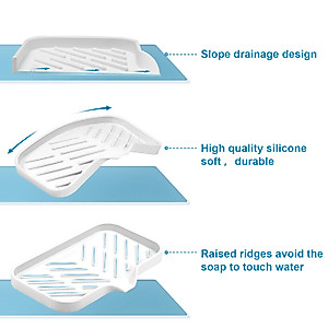 SUBEKYU Silicone Kitchen Soap Tray, Sink Tray for Kitchen Counter/Soap Bottles, Sponge Holder and Organizer with Drain Spout, White, [Size: 9.5 x 5 inch]
