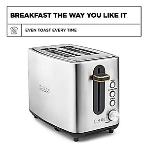 Crux 2 Slice Stainless Steel Toaster, Extra Wide Slots, Quick & Precise 6-Setting Shade Control, Reheat, Bagel and Gluten Free Function, Slide-Out Crumb Tray for Easy Clean Up, Silver/Copper Accents