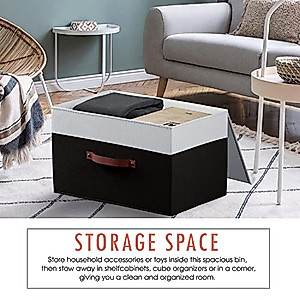 Ornavo Home 3 Pack Collapsible Storage Bins with Lid, Foldable Linen Fabric Shelf Storage Basket Closet Organizer and Large Storage Box for Clothes with Leather Handles, 15 x 10 x 9, White/Black