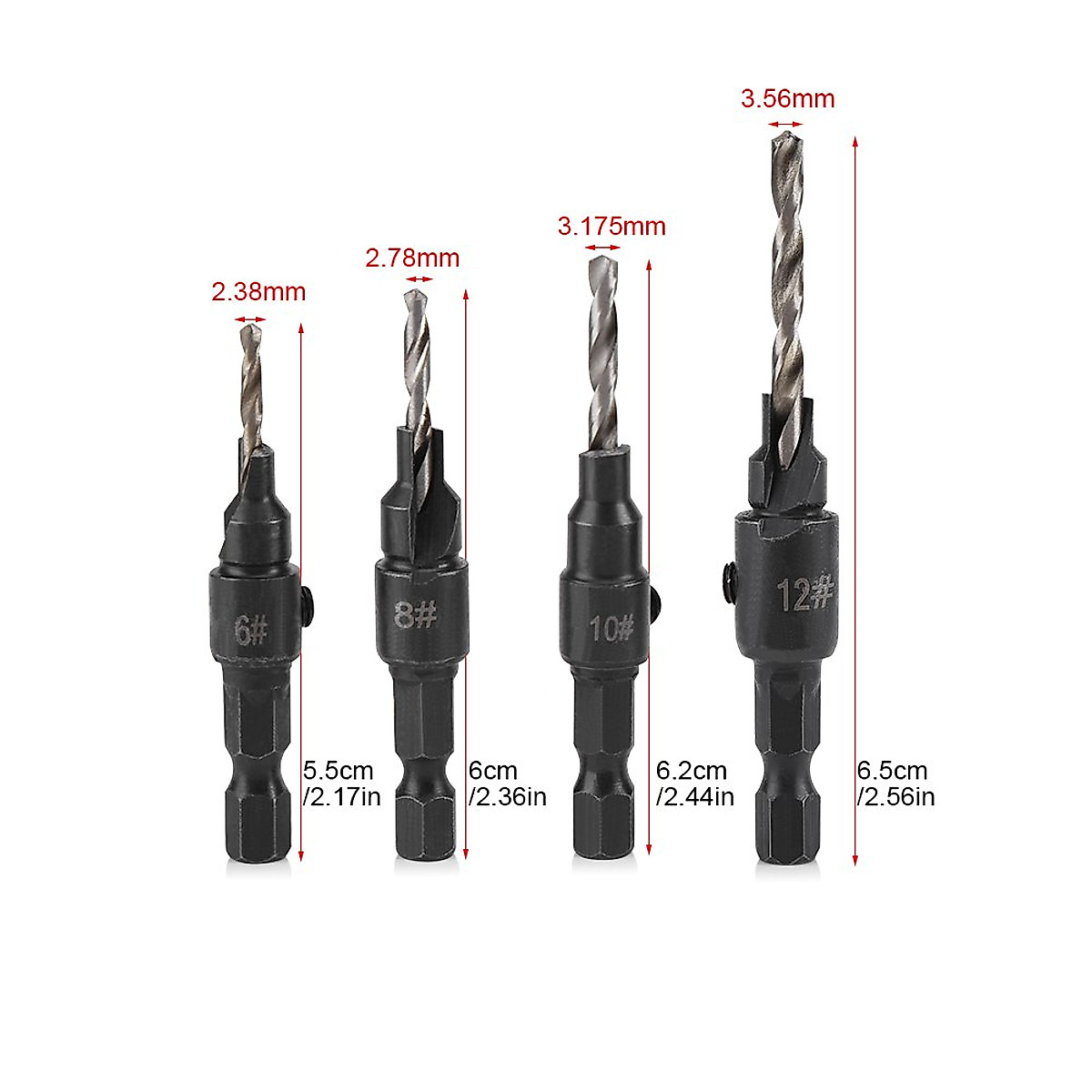 Zerodis 4Pcs HSS Drill Bit Set for Metal Hexagonal Shank Taper Drill with Hex Wrench Countersink Woodworking Tools
