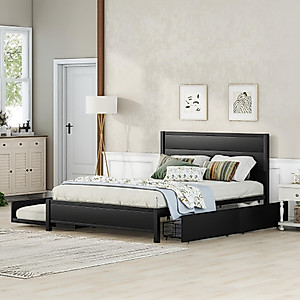 VilroCaz Queen Size Heavy Duty Metal Platform Bed with Twin Size Trundle and 2 Drawers, Mattress Foundation Platform Bed Frame with Headboard and Solid Slats Support for Bedroom Guest Rooms