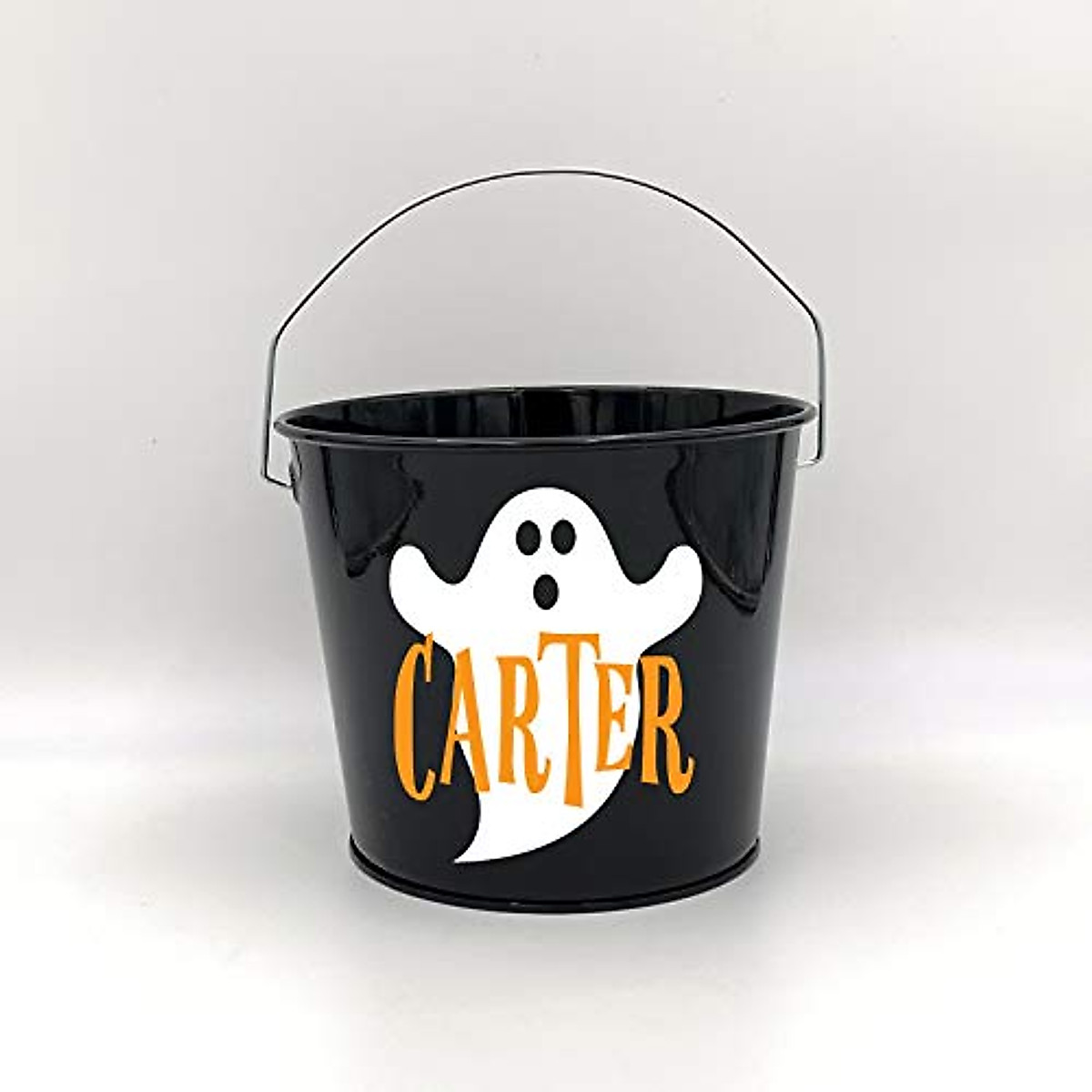 Personalized Halloween Ghost Name Pail - Choose The Color - Metal Pail Bucket Basket Bag for Girls and Boys