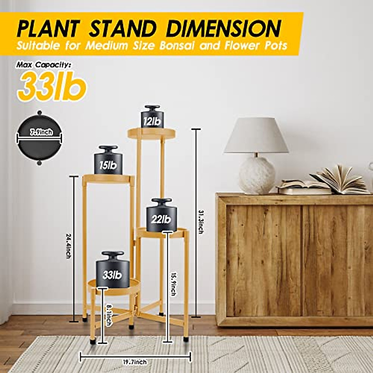 HOEGMST 4 Tier Plant Stand Indoor Outdoor, 31 Inch Tall Metal Plant Shelf Waterproof, Plant Holder with Folding Design For Home, Living Room, Gold