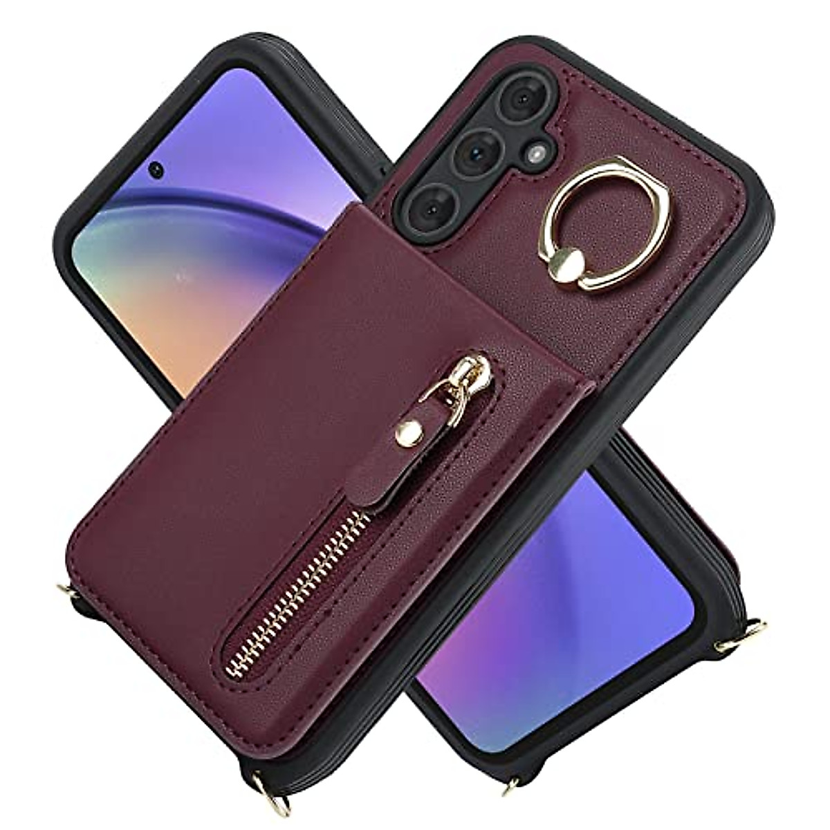 Jaorty Samsung Galaxy A54 5G Phone Case for Women with Card Holder,Samsung A54 Case Wallet Crossbody Lanyard with Strap,Credit Card Slots Kickstand Case with Ring Holder,6.4 Inch,Burgundy