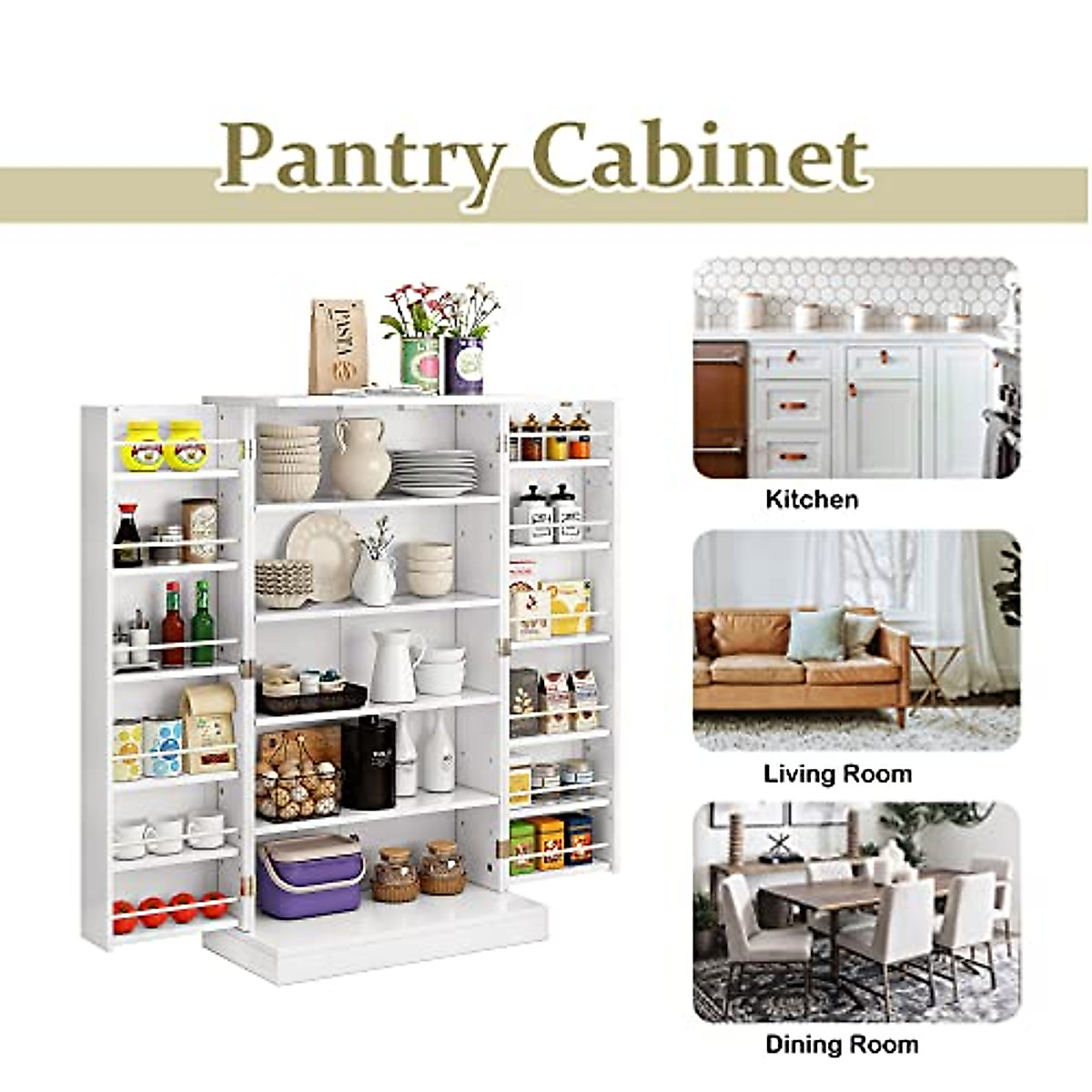 Function Home 41" Kitchen Storage Cabinet, Pantry Cabinet with Doors and Adjustable Shelves for Kitchen, Living Room and Dinning Room in White