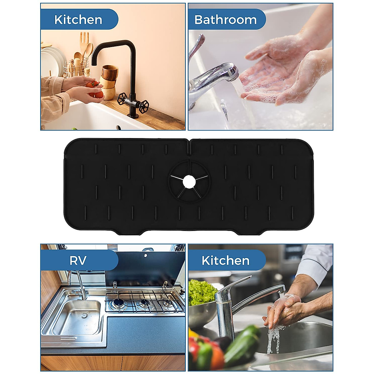 Kitchen Sink Splash Guard - Silicone Faucet Handle Drip Catcher Tray, Dish Soap Dispenser and Sponge Holder Mat Behind Faucet, Kitchen Guard Gadgets Sink Accessories for Kitchen Counter and Bathroom