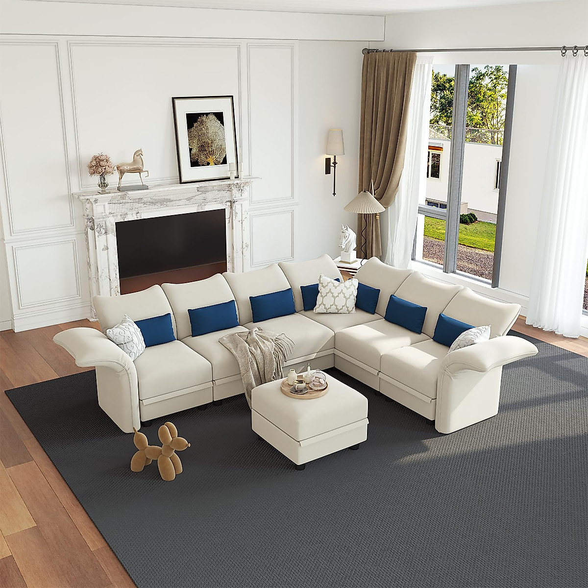 LLappuil Velvet Modular Sectional Sofa L Shaped Corner Couch with Storage Chaise, 127.8" 7-Seater Oversized Sofa with Ottoman, High Back Recliner Sleeper Couches, Anti-Scratch White