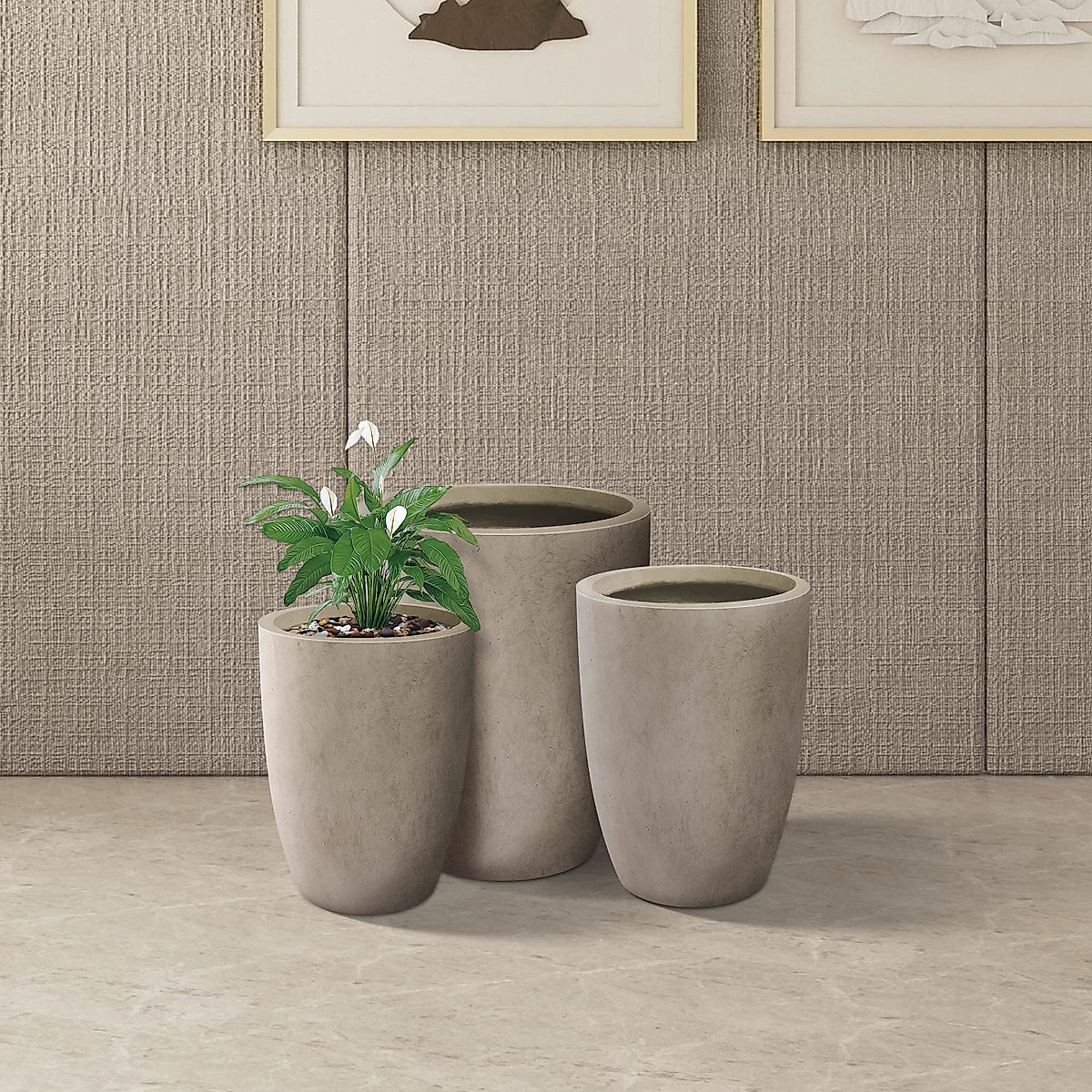 Kante 18.1",20.5",22.4" H Tall Round Concrete Planters Set of 3, Outdoor Indoor Modern Decorative Plant Pots with Drainage Hole & Rubber Plug for Home & Garden Weathered Concrete