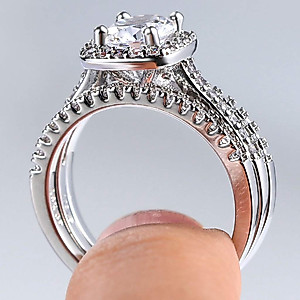 SDT Jewelry Three-in-One Bridal Wedding Engagement Anniversary Statement Eternity Ring Set (Silver, 9)