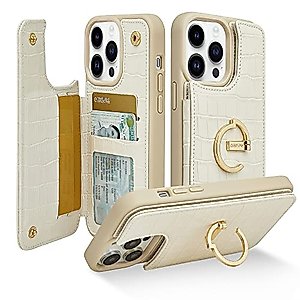 CUSTYPE for iPhone 13 Pro Max Wallet Case with Card Holder,PU Leather Protective Case with Ring Holder Kickstand Card Slots Case for Women and Men for iPhone 13Pro Max 6.7"-Beige