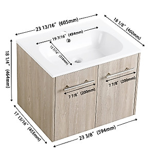 KFHSE 24 Inch Modern Set,Wall Mounted Bathroom Vanity Sink Combo with Top Basin & Soft Closing Door,Storage Wood Hanging Bath Cabinet for Small Space,White Oak