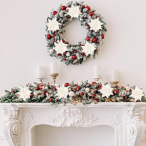 CEWOR 12 Pcs Christmas Tree Decor Flowers Glitter Artificial Poinsettia Flowers with Clips and Stems for Xmas Wedding Party Wreaths Decorations, 6.7 Inch (White)