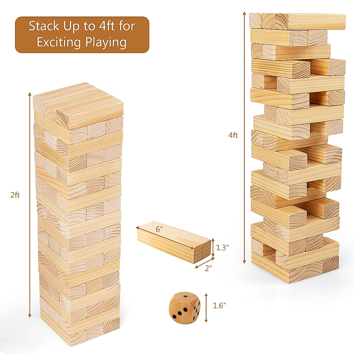 Costzon Giant Tumbling Timber Toy, 54PCS New Zealand Pine Wooden Block Stacking Game w/Carrying Bag, Attached Dice, Curved Edge, Yard Tower Game Fits Kid & Adult for Parties & Gathering Playing