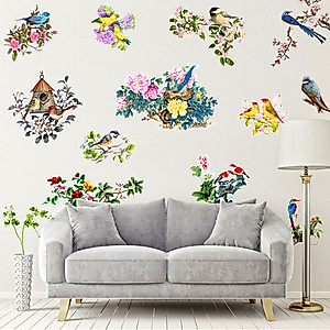 Birds on Tree Branches Wall Decals,Cardinal Birds Flowers Wall Stickers Spring Summer Robinbird Decor for Home Kitchen Office Kids DIY Supply