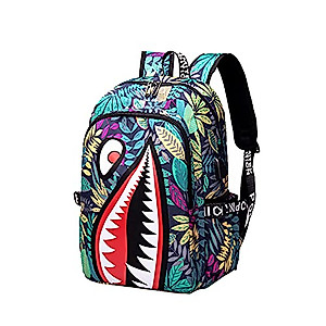 CHXIAOX Laptop Backpack Travel Bag for Men Women, Street Fashion Business Hiking Waterproof Bag with USB Port 17" - Green Camo Shark