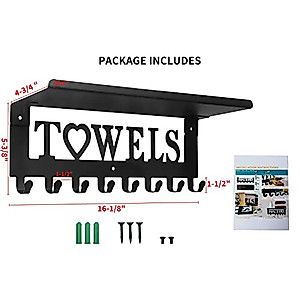Towel Rack with Metal Shelf for Bathroom Wall Mounted Towel Holder with Hooks Towel Hanger Towel Storage Wall Decor for Bedroom, Living Room, Kitchen (8 Hooks, Black)