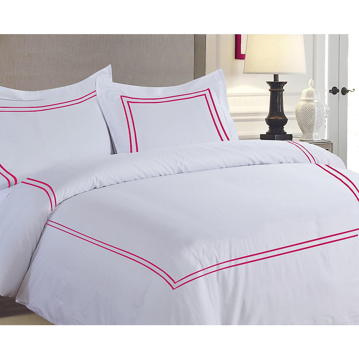 BedDecor Luxury 400-TC Egyptian Cotton 3PC Embroidered Duvet Cover Set with Beautiful 2-Stripe Embroidery(Hot Pink, Full/Queen)