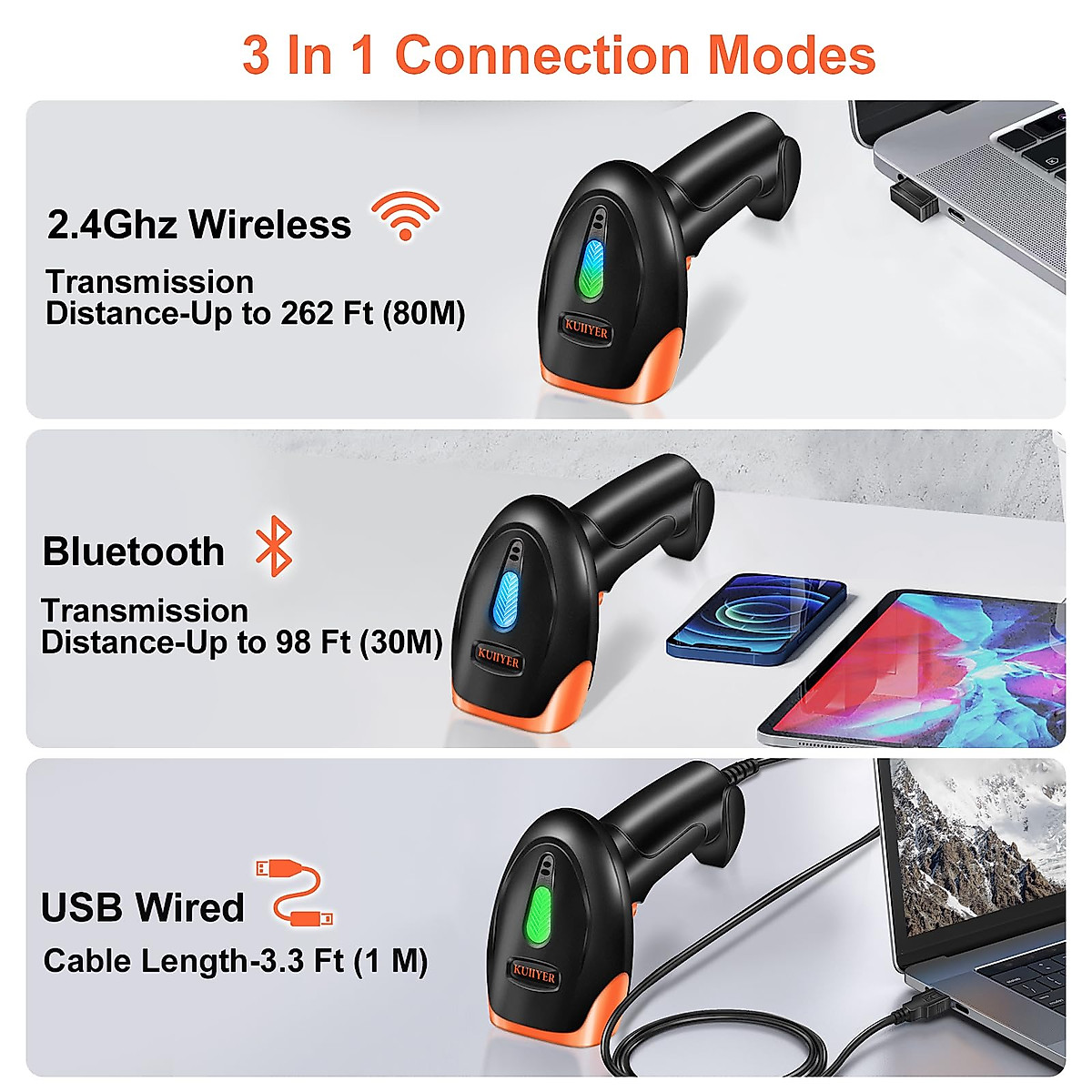 KUIIYER Bluetooth Barcode Scanner, Wireless 2D QR 1D Bar Code Scanners Handheld Barcode Reader with Updated 800 X 600 Pixel CMOS, Plug & Play for Warehouse, Library, Supermarket, Square POS System
