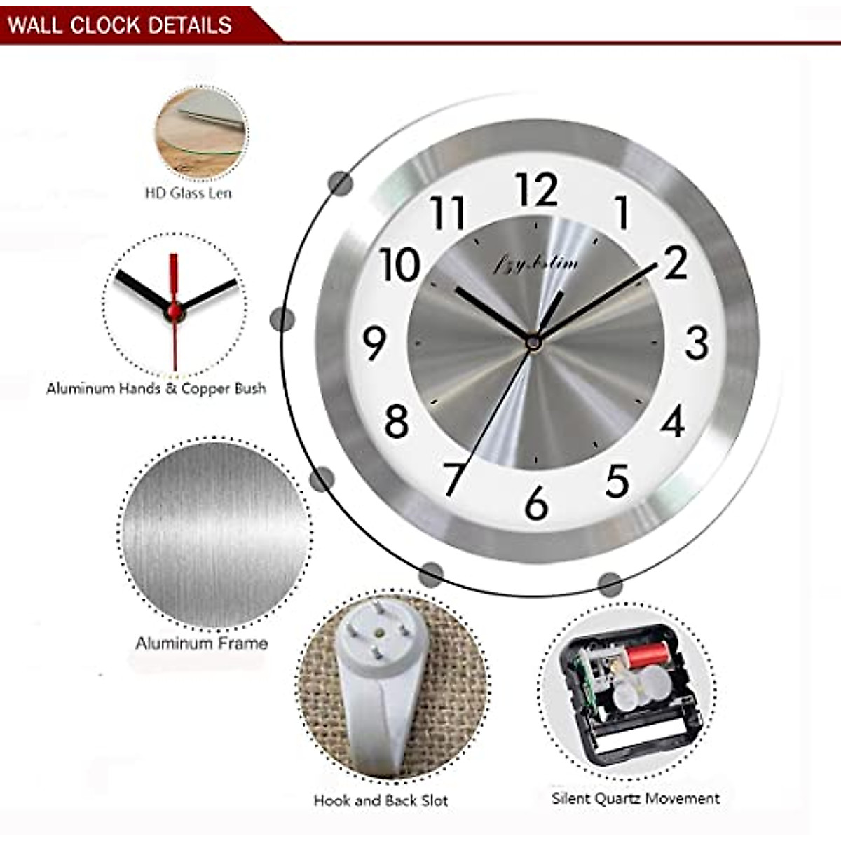 Fzy.bstim Non Ticking Silent Wall Clock Decorative,Analog Metal Wall Clock Battery Operated,Bedroom/Living Room/Office/Kitchen Clock,10 Inch