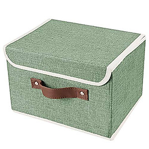 Lucky Monet 2 Pack Linen Fabric Foldable Storage Bin Set Collapsible Storage Box Cube Closet Organizer with Lid & Faux Leather Handle, 10”x8”x7” (Green)