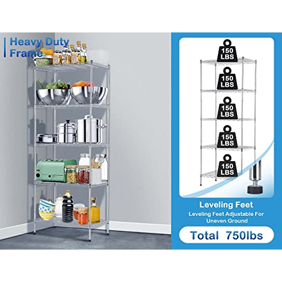 Metal Shelving, 5 Tier 750 Lbs Capacity Wire Shelving with Leveling Feet, Nsf Certified Metal Shelves for Kitchen Pantry Closet Laundry Bathroom Office, 5-shelf Metal Storage Shelves Storage Rack