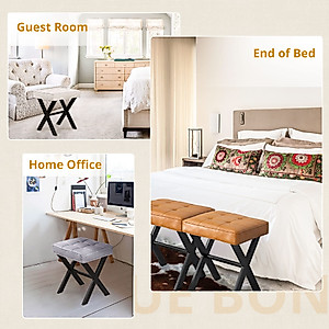 LUE BONA Ottoman Foot Stool Vanity Stool, Square Linen X-Leg Foot Rest Ottoman Makeup Stool, Small Stool Chair for Vanity, Modern Padded Vanity Seat for Makeup Room, Living Room, Bathroom, Linen Color