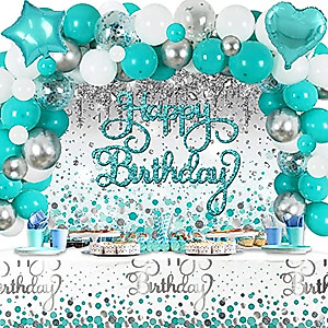 Happy Birthday Decorations Teal Balloon Garland for Girls Birthday Teal and silver Glitter Backdrop Teal Blue Balloons Garland Kit and Teal Dot Disposable Tablecloth