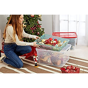 Rubbermaid Cleverstore Clear Holiday 71 Qt Bins with Tray Inserts, Built-In Handles to Maximize Storage, Great for Holiday Decor, Clear Base, Red Lid with Green Tray, Pack of 4
