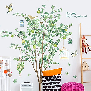 RW-DZ29 Large Green Tree Wall Decals 3D Green Tree Birds Wall Stickers Birdcage Plant Flower Decals DIY Removable Green Tree Animals Wall Art Decor for Kids Baby Bedroom Living Room Nursery Office