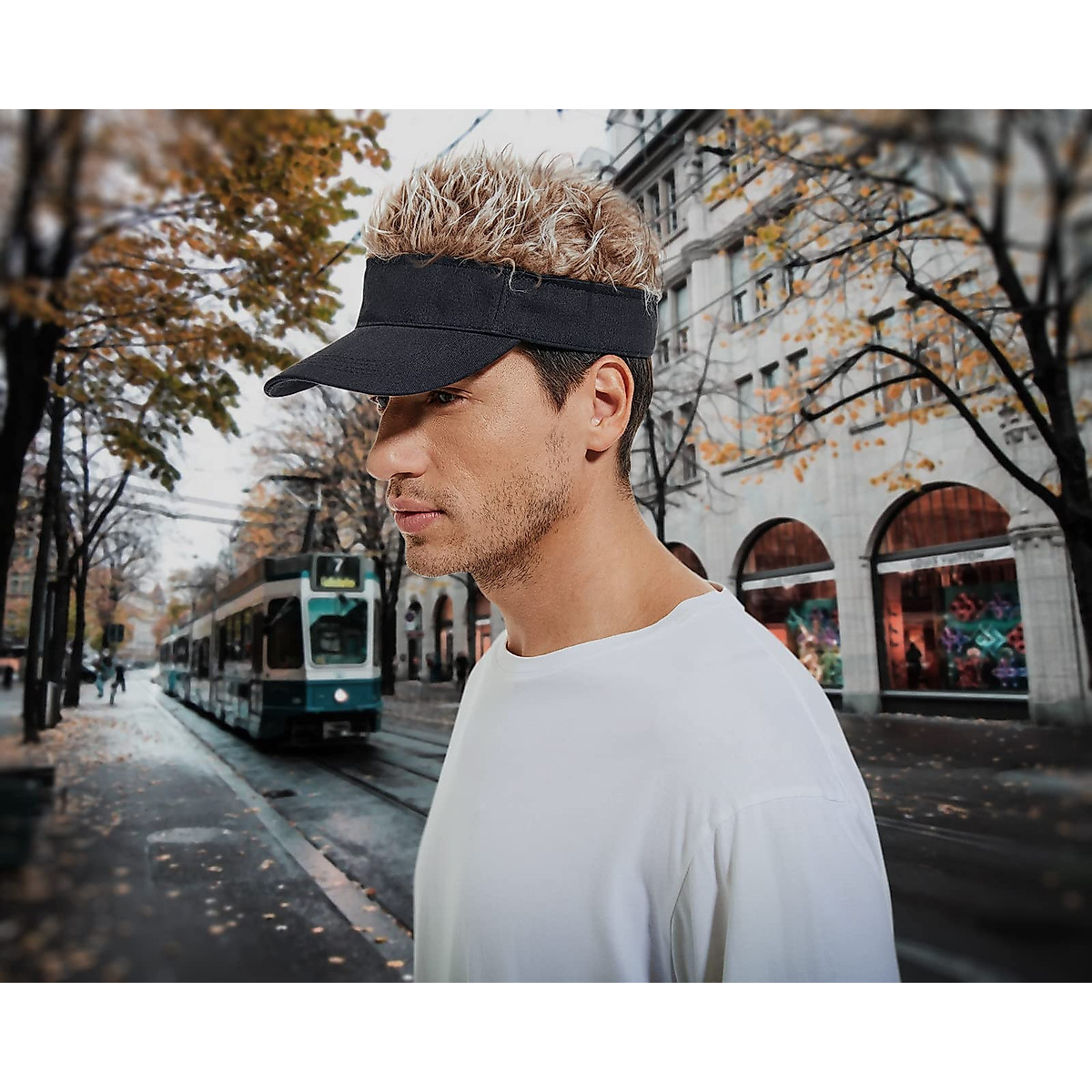 Novelty Visor Cap Adjustable Visor Hat with Spiked Wigs Fake Hair Visor for Adults (Canvas and Polyester, Black and Brown)