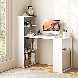 Tangkula White Computer Desk with Bookshelf, Writing Study Desk with Storage Shelves & CPU Stand, Modern Compact Computer Workstation for Home & Office, Space-Saving Design