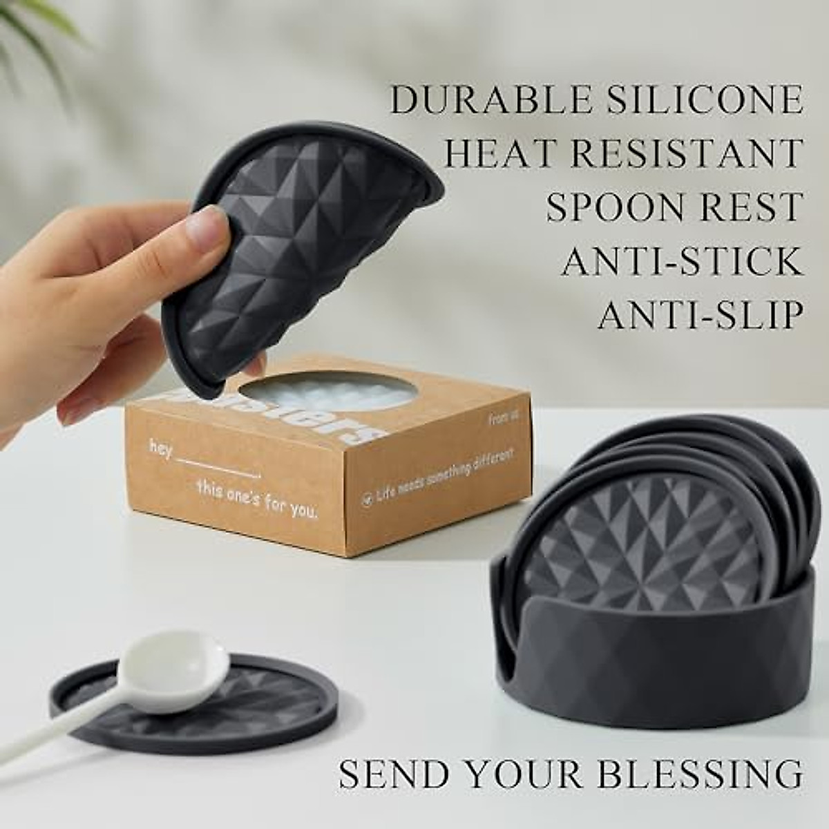 Wingcases Silicone Coasters for Drinks[6 Pack]- Cup Mat with Holder for Tabletop Protection-Non-Slip, Non-Stick, Coffee Table Decor, Great Gift for Any Occasion, Black