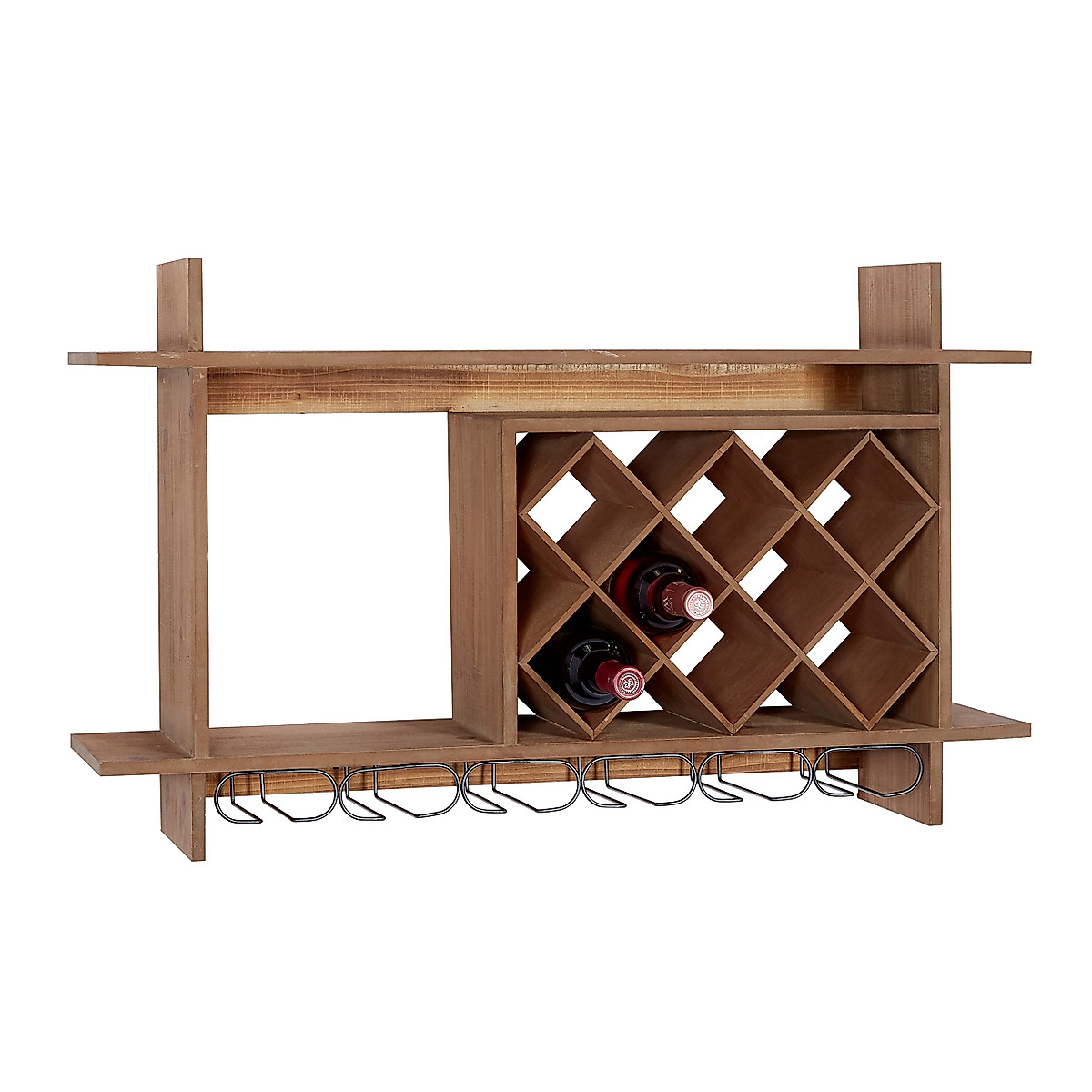 Deco 79 Wood Geometric 8 Bottle Slot Wall Wine Rack with 6 Glass Holder Slots, 34" x 8" x 20", Brown
