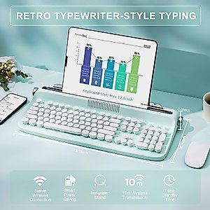 YUNZII ACTTO B503 Wireless Typewriter Keyboard, Retro Bluetooth Aesthetic Keyboard with Integrated Stand for Multi-Device (B503, Sweet Mint)