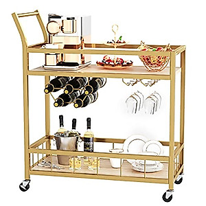 Furmax Home Industrial Serving Mobile Bar Cart on Wheels with Wine Rack and Glass Holder 2 Wood Storage Shelves for Living Room, Kitchen, Party (Gold)
