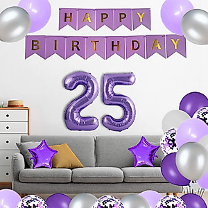 yujiaonly 25th Birthday Party Decorations Purple Happy Birthday Banner Purple 40inch Number 25 Happy birthday Sash Latex and Confetti Balloons for 25 Years Old Men Women