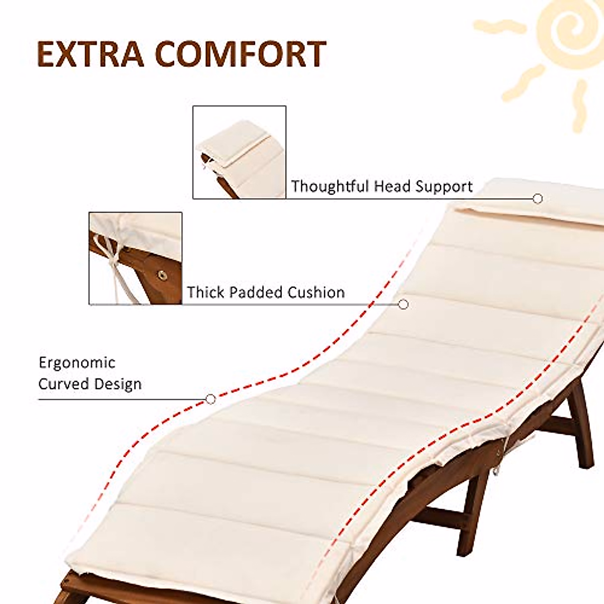 Outsunny Outdoor Chaise Lounge, Acacia Wood Folding Sun Lounger Chair with Cushion Pad for Patio, Garden, Lawn, Backyard, Cream White