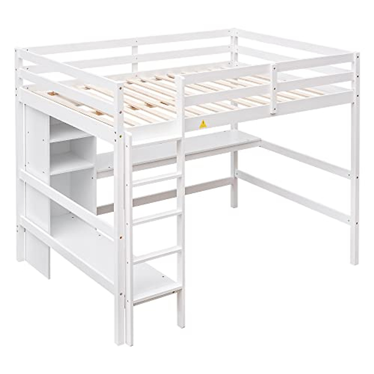 Full Loft Bed with Desk and Storage Shelves, Wood Loft Beds Frame with Bookcase, Modern High Loft for Kids Boys Girls Teens, Full Size, White